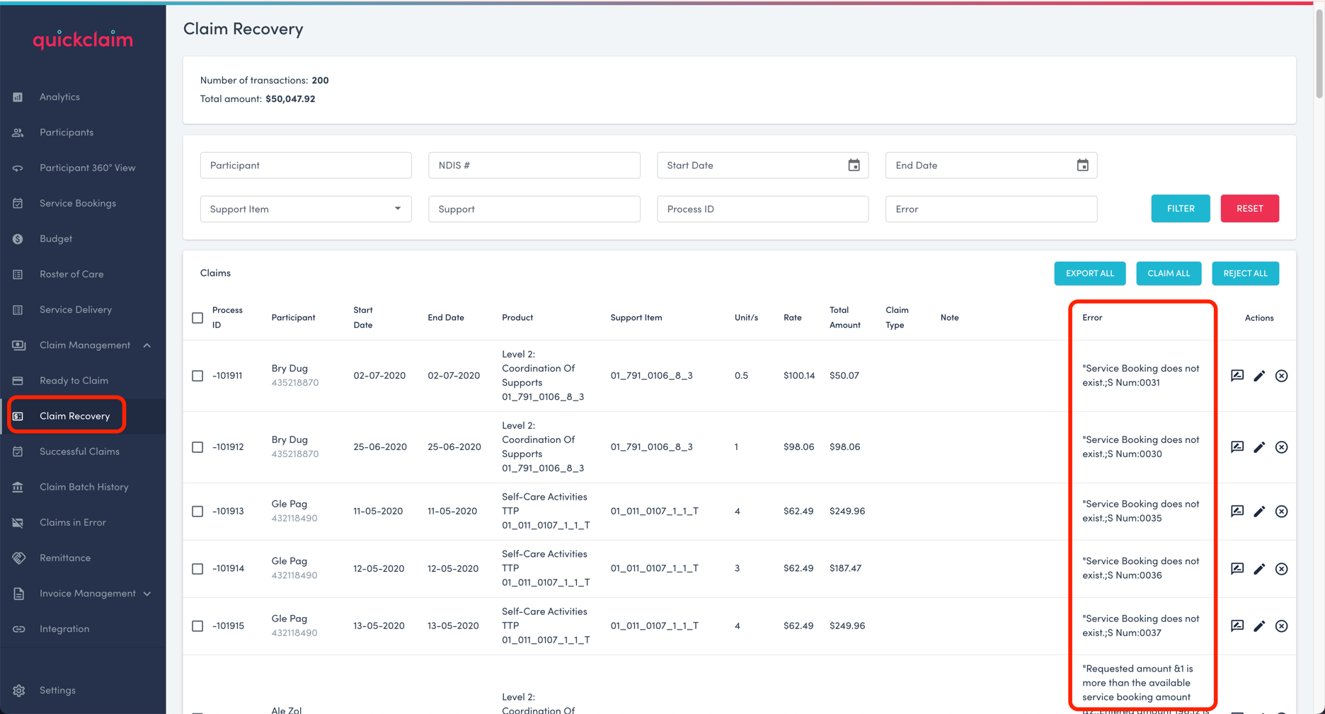 Using the Claim management module in quickclaim